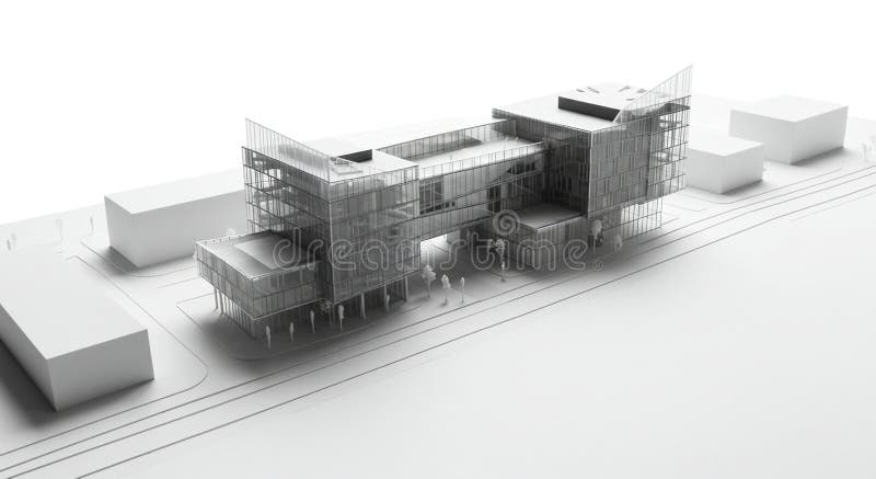 Architectural Model Depicting a Modern, Multi-story Building with a ...