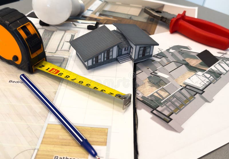 Architectural Model on Desk , Drawing Technical Tools and Blueprints ...