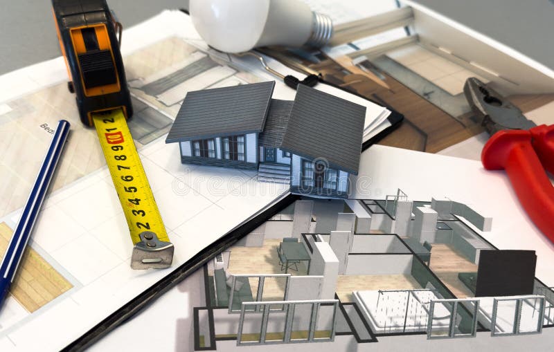 Architectural Model on Desk , Drawing Technical Tools and Blueprints ...