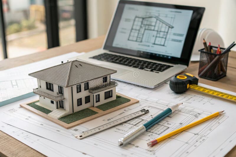 Architectural Model on Desk with Technical Tools Stock Illustration ...