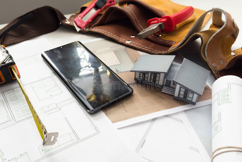 Architectural Model on Desk with Smartphone, Drawing Technical Tools ...