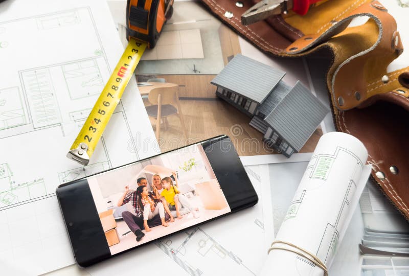 Architectural Model on Desk with Smartphone, Drawing Technical Tools ...