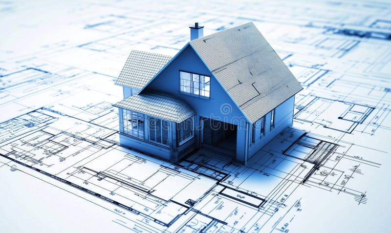 House Construction with Wooden Framing and Architectural Plans Visible ...