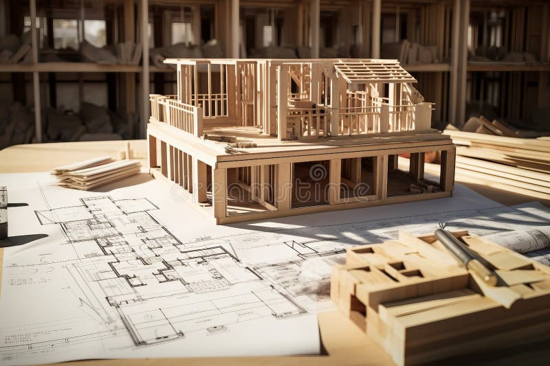 Architectural Model of a House on Blueprint in Construction Planning ...