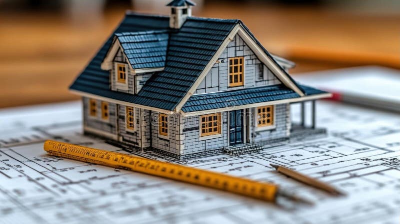 Architectural Model House on Blueprint with Pencil Stock Photo - Image ...