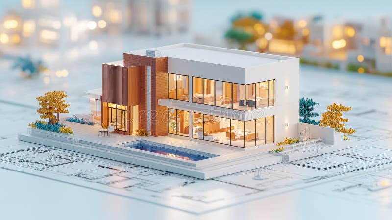 Architectural Model of House on Blueprint Plans for Construction ...