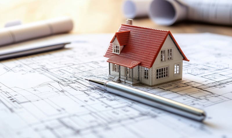 Architectural Model House on Blueprints with Pen for Construction ...