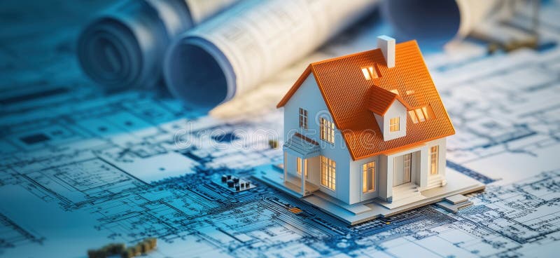 Architectural Model House on Blueprints with Rolled Plans in Background ...