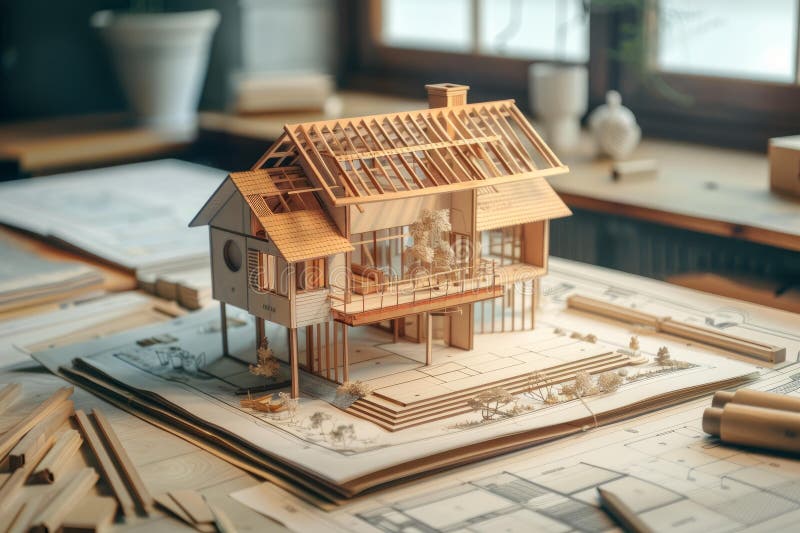 Architectural Model House Sitting on Top of Blueprints Stock Image ...