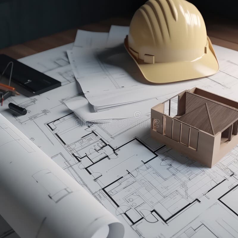 Architectural Model of House Staying on Drawn Building Technical Plan ...