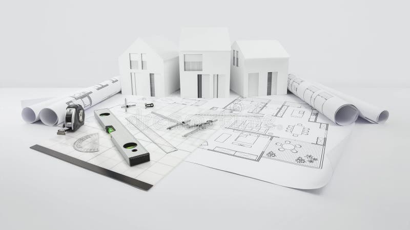 Architectural Model of Houses on Blueprint with Measurement and Drawing ...
