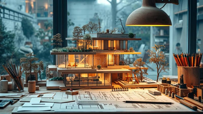 Architectural Model with Lighting Showcasing Modern House Design on ...