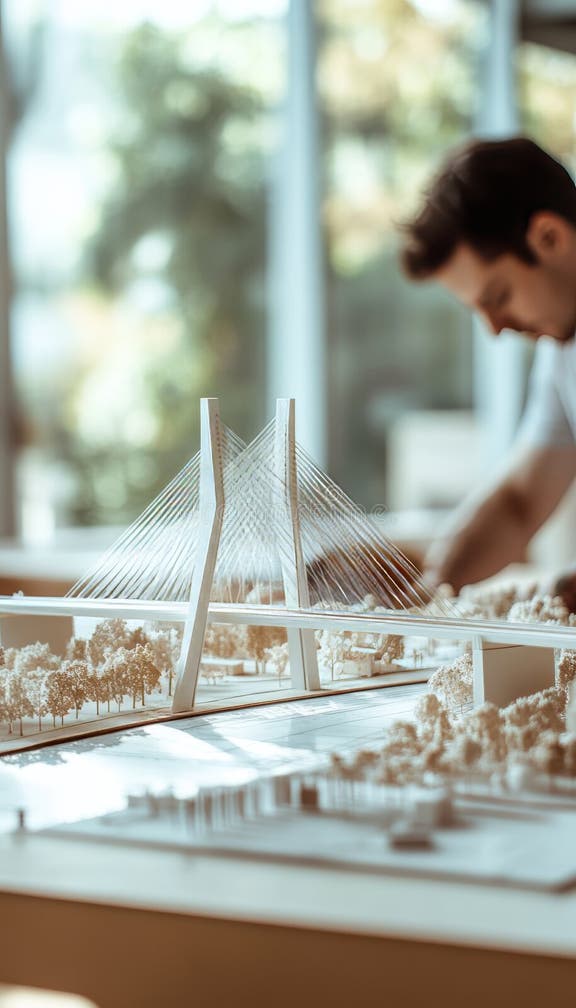 Architectural Model of a Modern Bridge with Detailed Blueprints in a ...