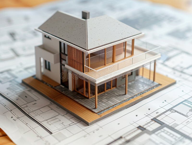 Architectural Model of a Modern House on Blueprints Concept for ...