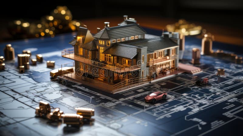 Architectural Model of Modern House on Blueprints with Construction ...