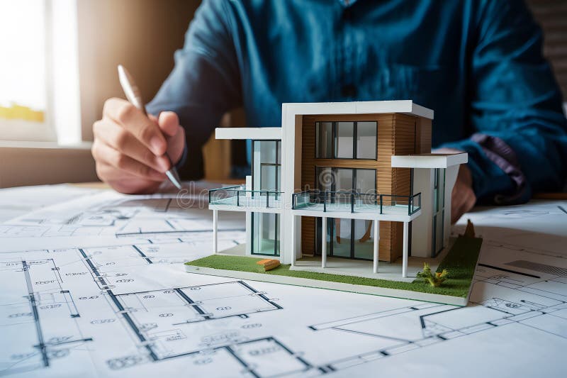 Architectural Model of Modern House with Blueprints, Depicting ...
