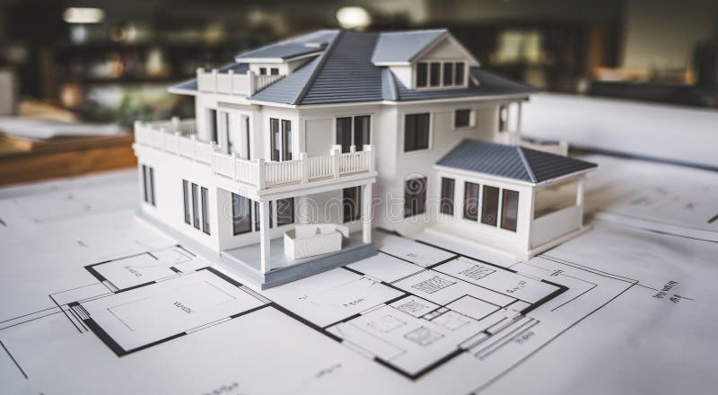 Architectural Model of Modern House on Blueprints Stock Illustration ...