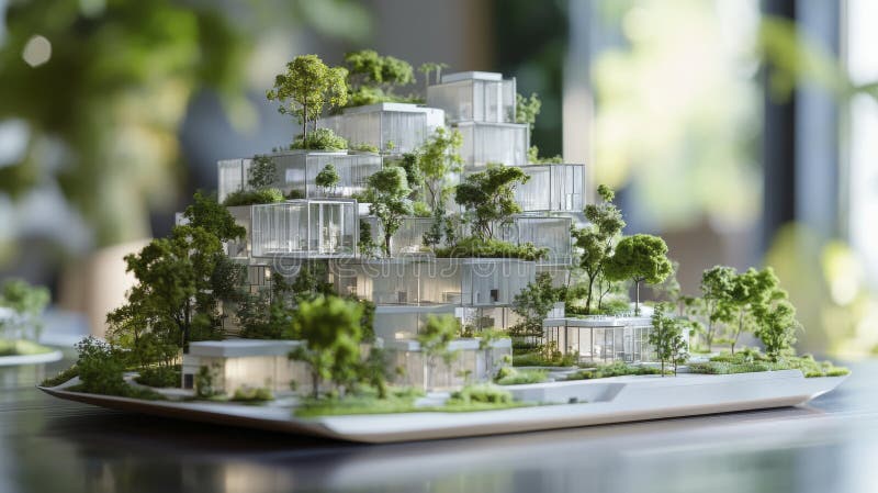 Modern Glass Eco Building Architectural Model with Lush Greenery Stock ...