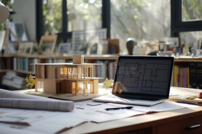 Architectural Model and Plans on Work Desk Stock Illustration ...