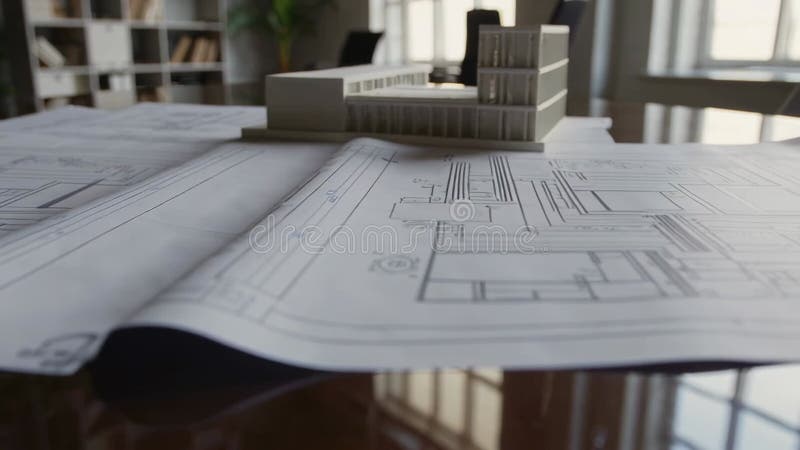 Architectural Model Rotating Slowly on Blueprints in an Office Stock ...