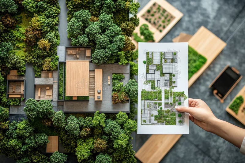Architectural Model Shows Green Building Design Plan Stock Illustration ...
