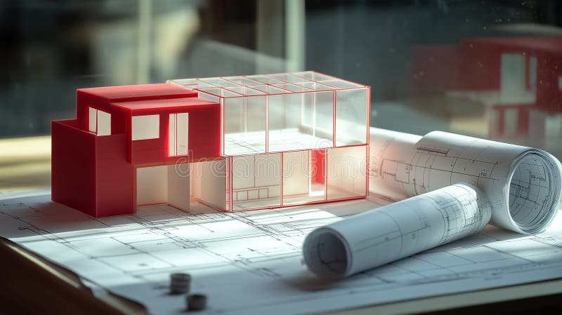 Architectural Model Sitting on Floor Plans with Rolled Blueprints in ...