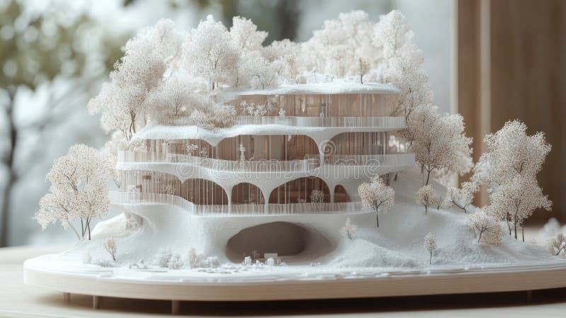 Architectural Model of a White Building in a Snowy Landscape Stock ...