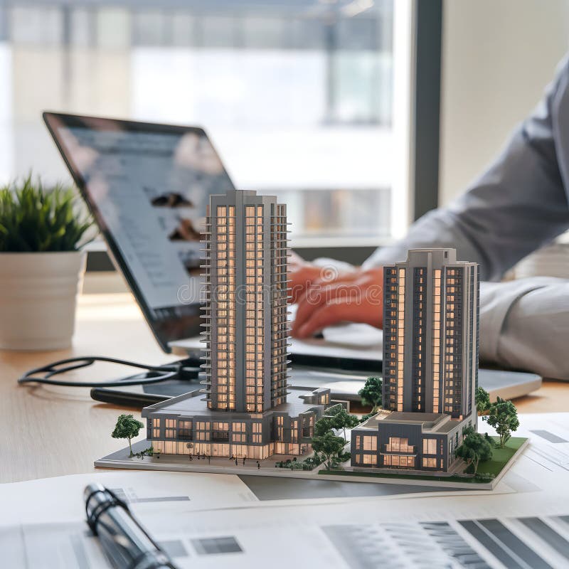 Architectural Models and Laptop on Desk, Showcasing Ongoing Design Work ...