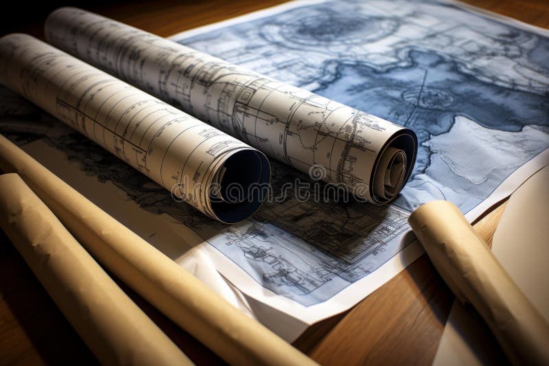 Architectural Paper Blueprints Rolls Engineer. Generate Ai Stock Image ...