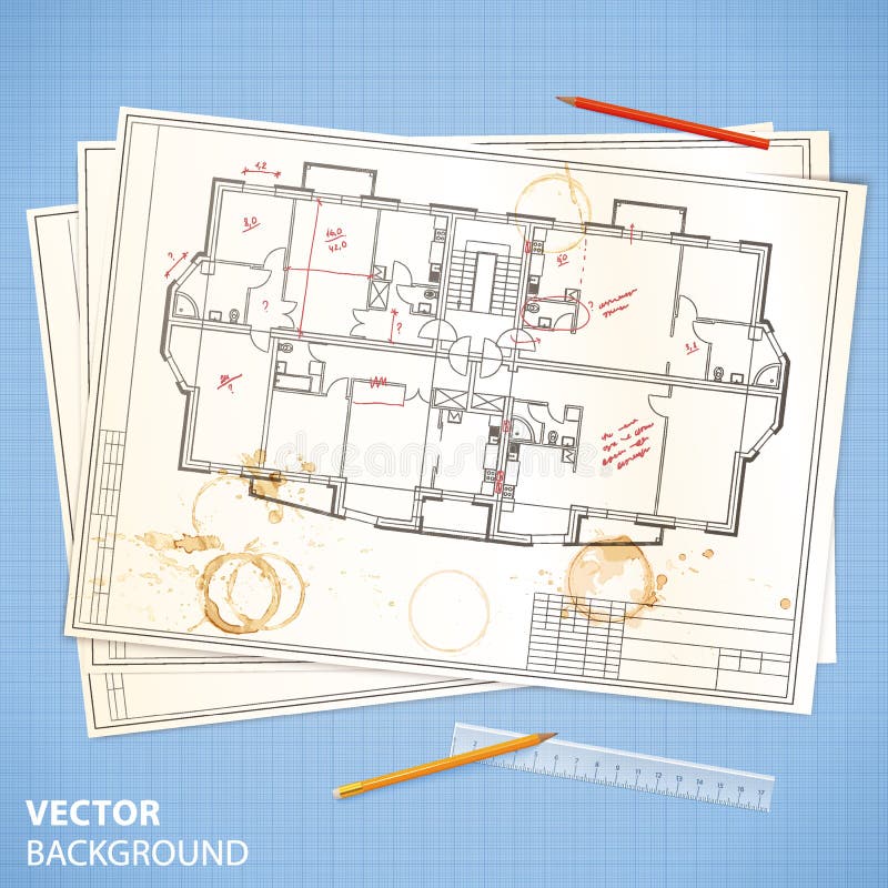 Architectural Papers with Sketches and Pencils Stock Vector ...