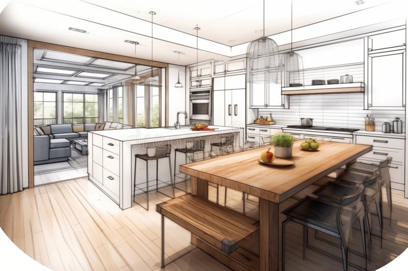 Architectural Pencil Drawing of Kitchen Interior before and after ...