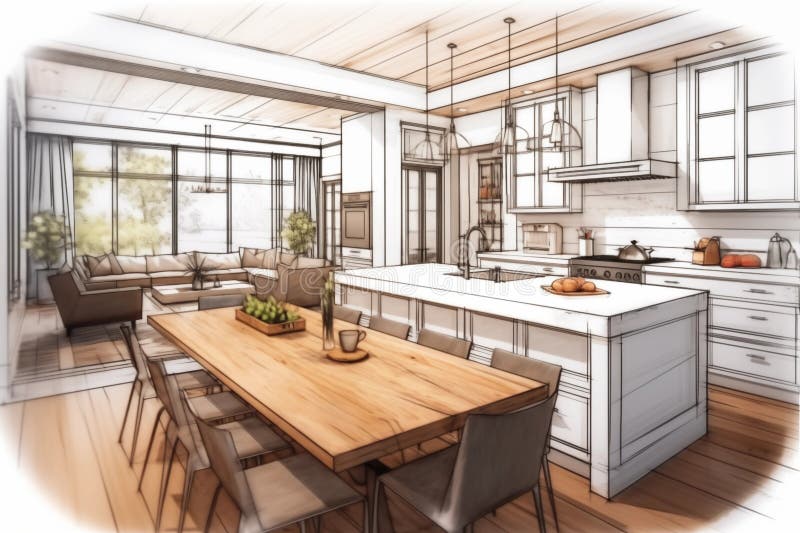 Architectural Pencil Drawing of Kitchen Interior before and after ...