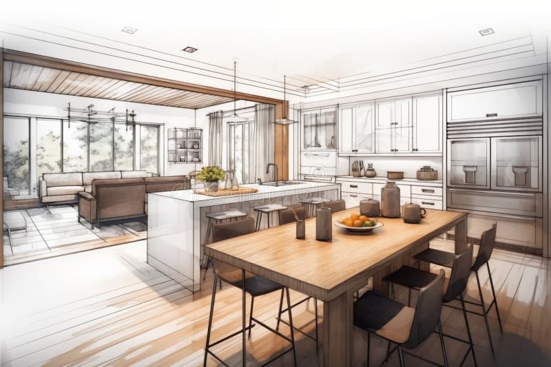 Architectural Pencil Drawing of Kitchen Interior before and after ...