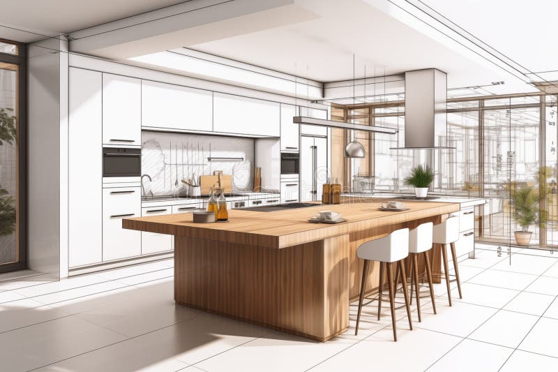 Architectural Pencil Drawing of Kitchen Interior before and after ...