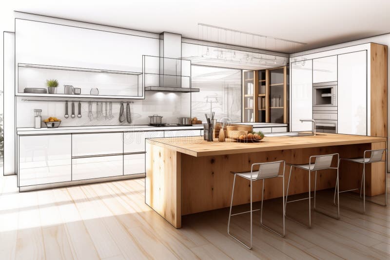 Architectural Pencil Drawing of Kitchen Interior before and after ...