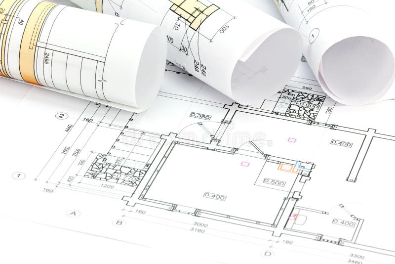Architectural Plans and Technical Drawings with Rolls of Blueprints ...