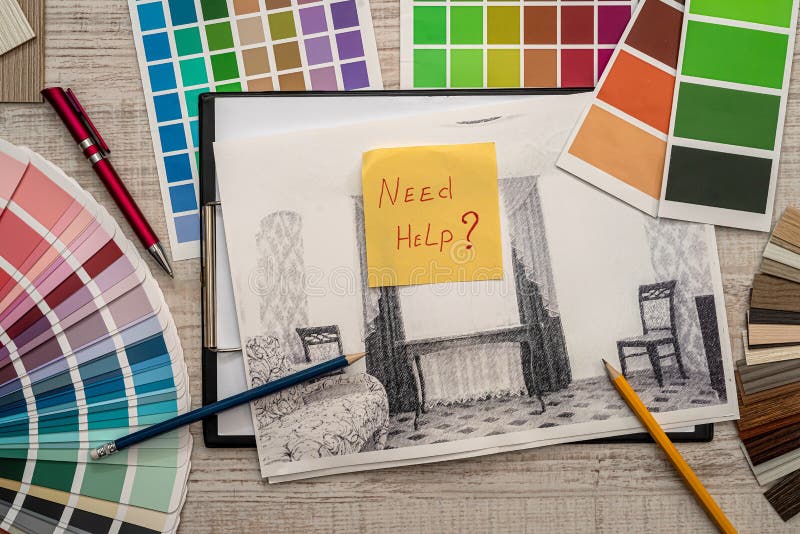 Architectural Plan with Color Sample Palette, Designer Working Stock ...