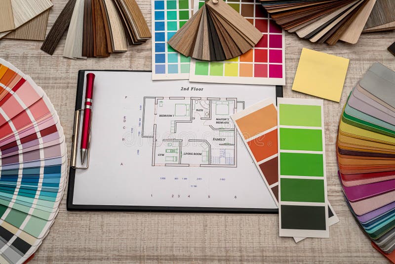 Architectural Plan with Color Sample Palette, Designer Working Stock ...