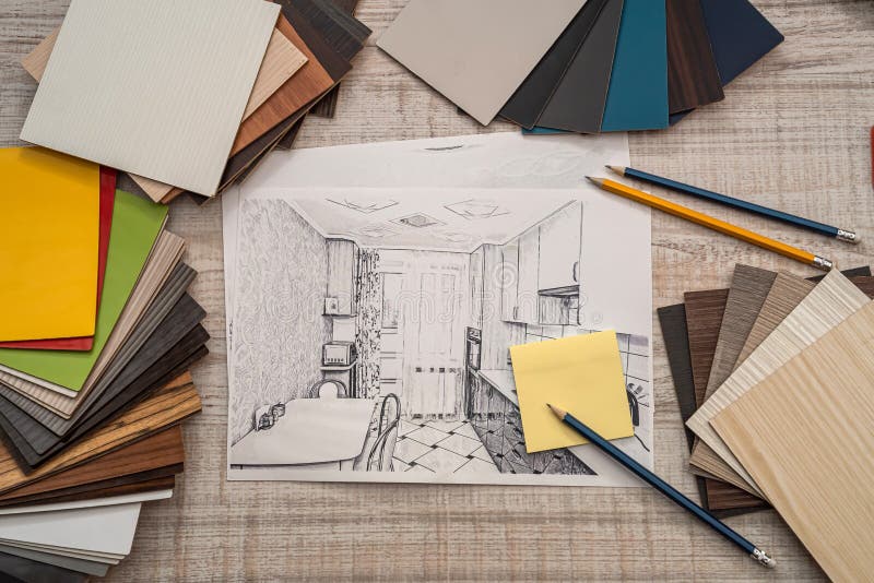 Architectural Plan with Color Sample Palette, Designer Working Stock ...