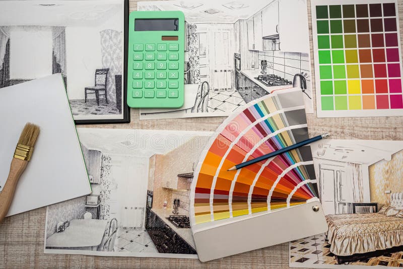Architectural Plan with Color Sample Palette, Designer Working Stock ...