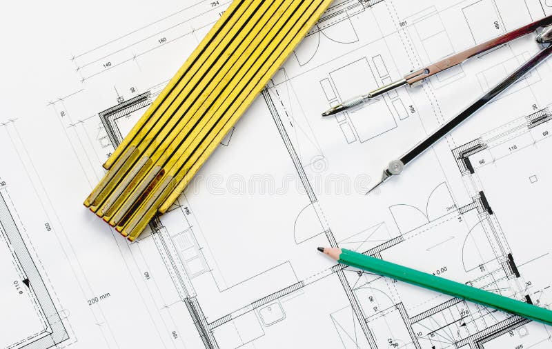 Compass, Ruler and Pencil on Architectural Drawing Stock Illustration ...