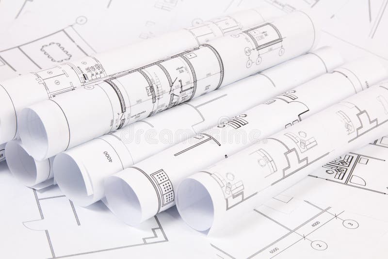 Engineering House Drawings and Blueprints. Stock Image - Image of ...
