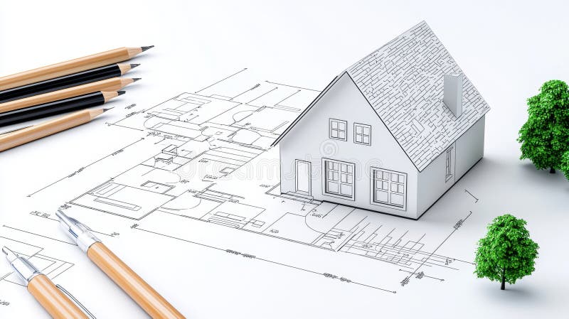 Architectural Plan with House Model, Pencils, and Trees, Showcasing ...