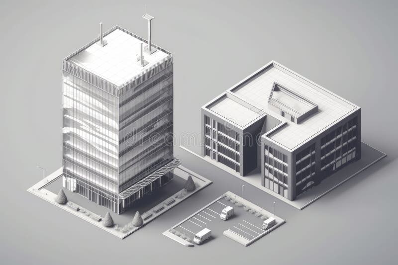 Architectural Plan, with Isometric View of Modern Office Building and ...