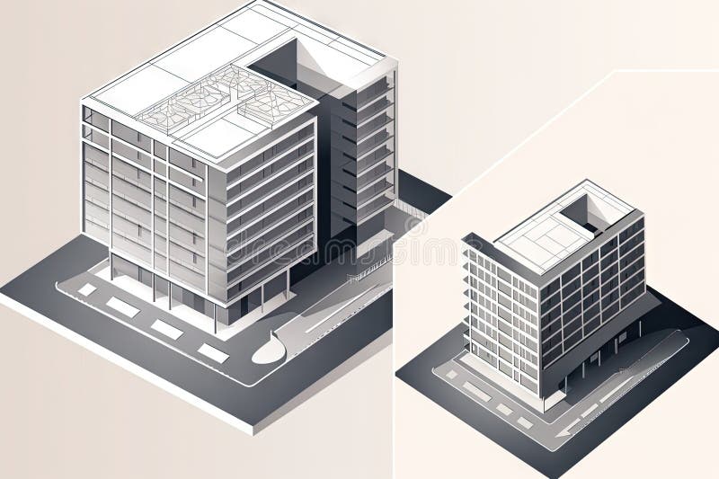 Architectural Plan, with Isometric View of Modern Office Building and ...