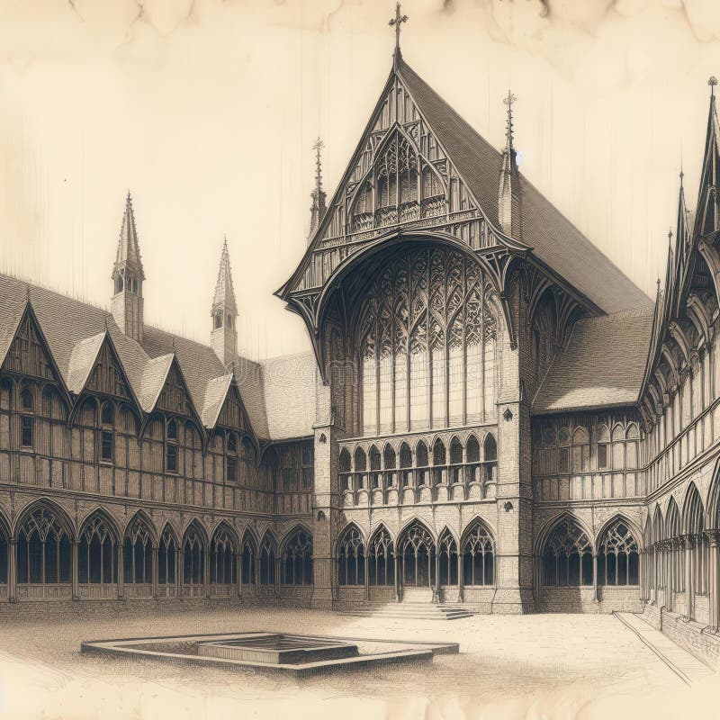 Gothic-Style Hospital Drawing with Detailed Columns Stock Illustration ...