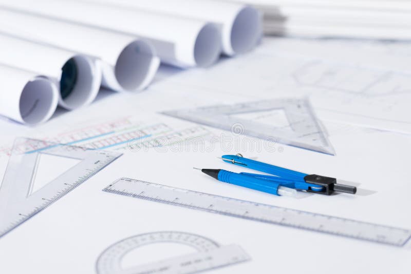 Architectural Plan Project Drawing with Blueprints Rolls. Stock Image ...