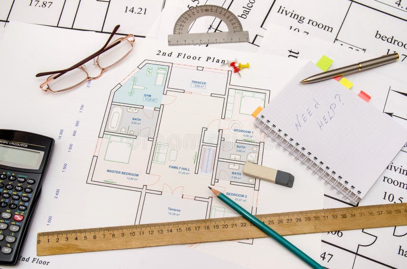 Architectural Plan with Tools Stock Photo - Image of glasses, house ...