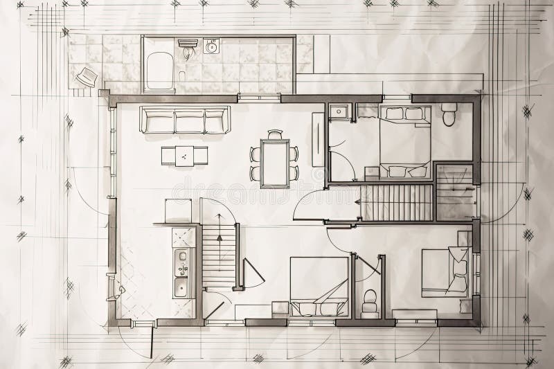 Architectural Plan on White Paper. Technical Project of Living Room ...
