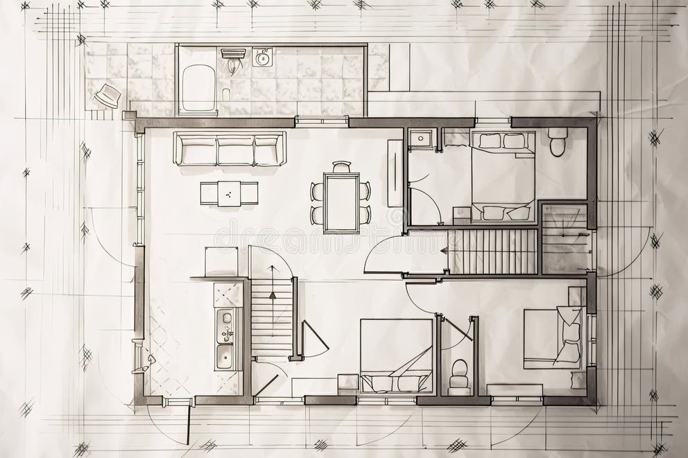 Architectural Plan on White Paper. Technical Project of Living Room ...